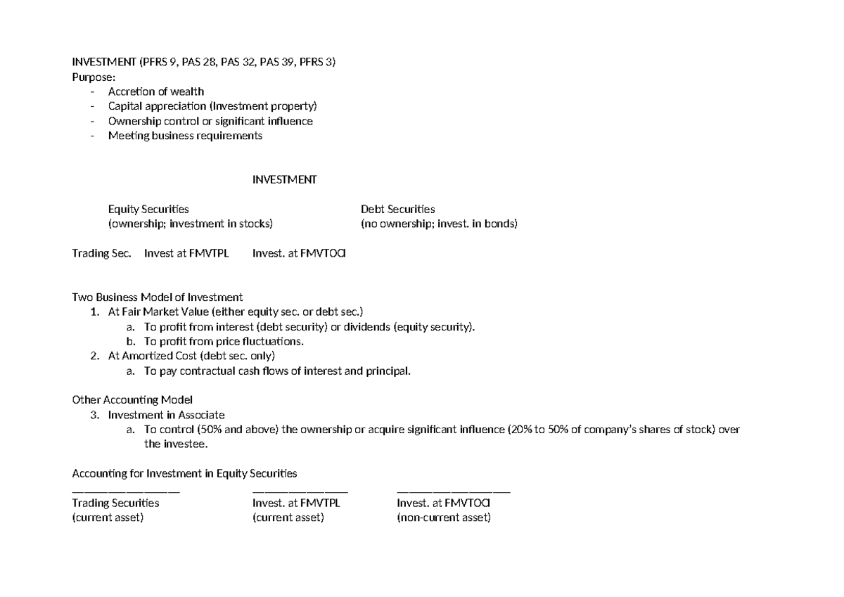 Intermediate Accounting 1 - Notes - INVESTMENT (PFRS 9, PAS 28, PAS 32 ...