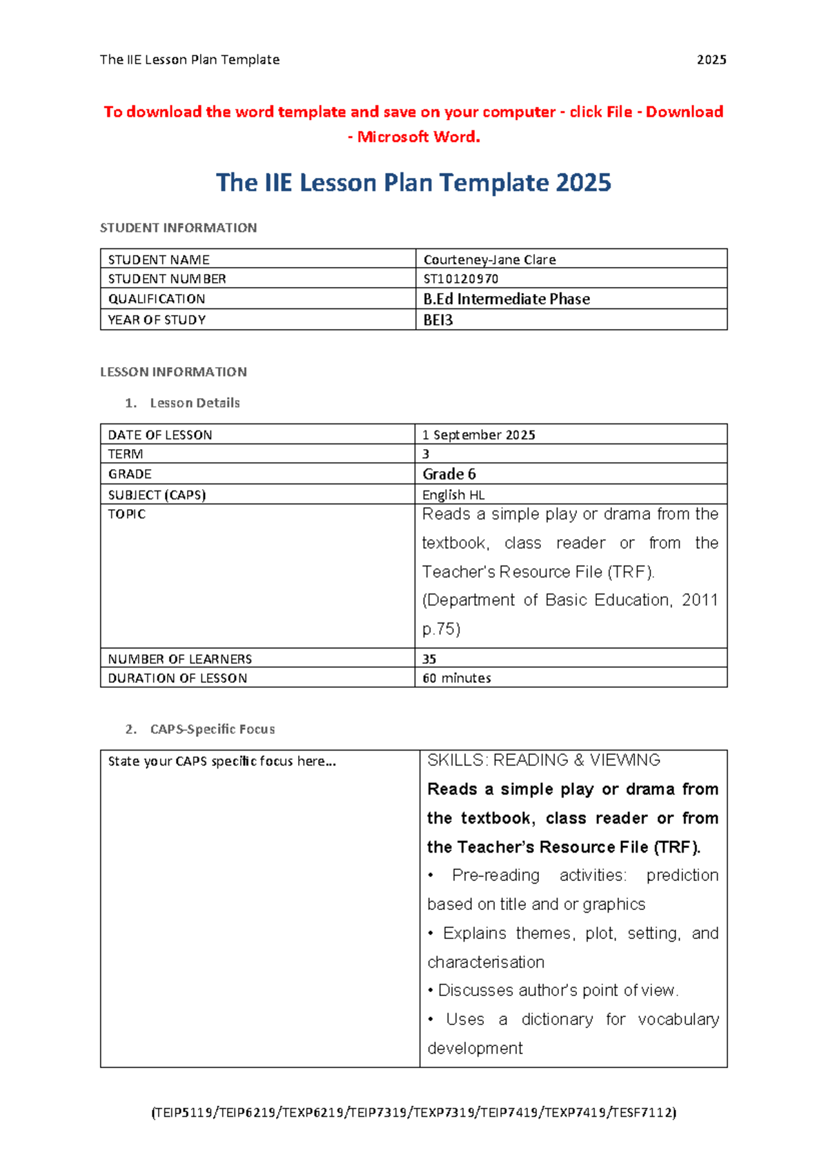 The IIE Lesson Plan Template 2025 for Grade 6 English HL - Studocu