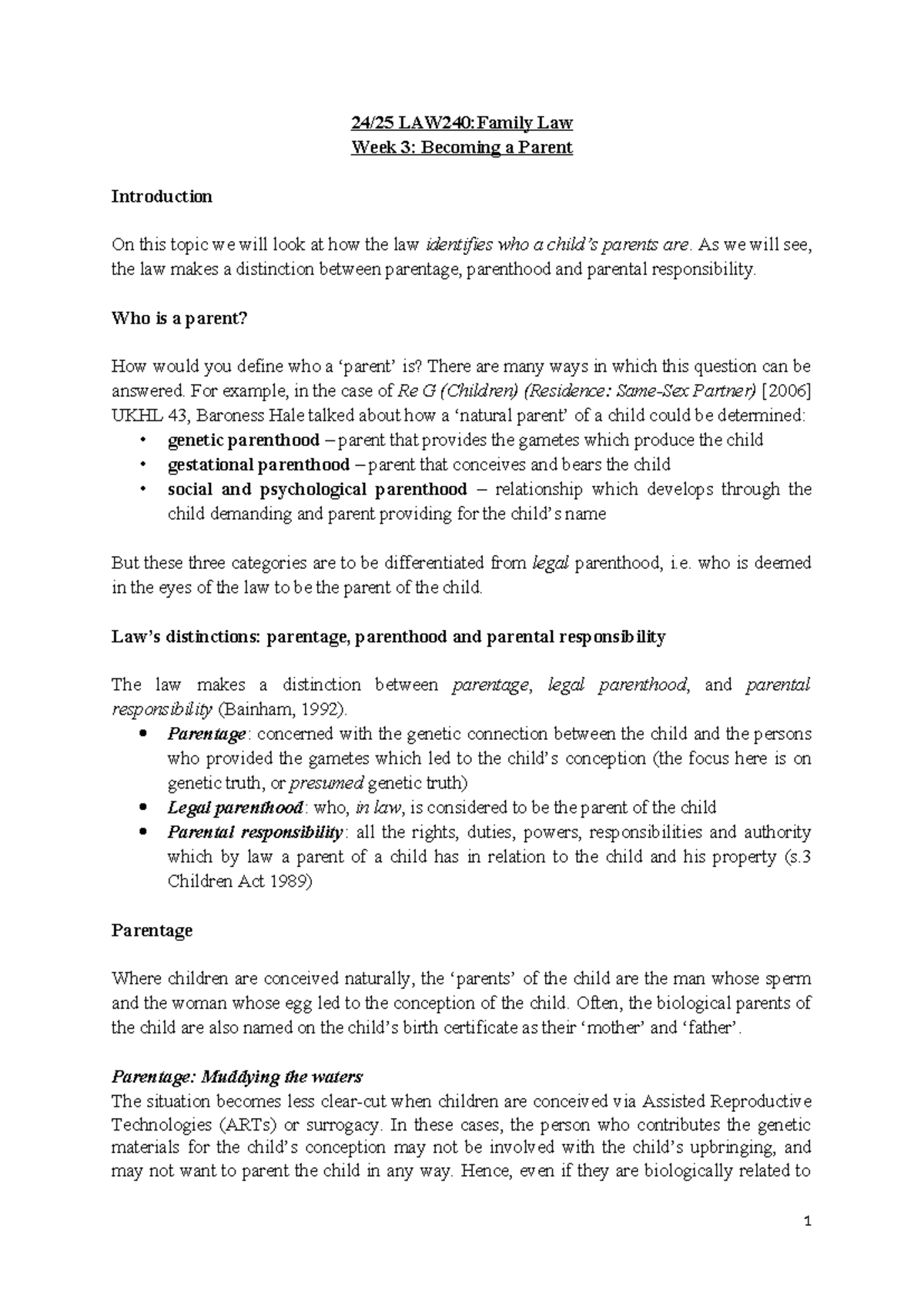 Becoming a Parent Handout - 24/25 LAW240:Family Law Week 3: Becoming a ...