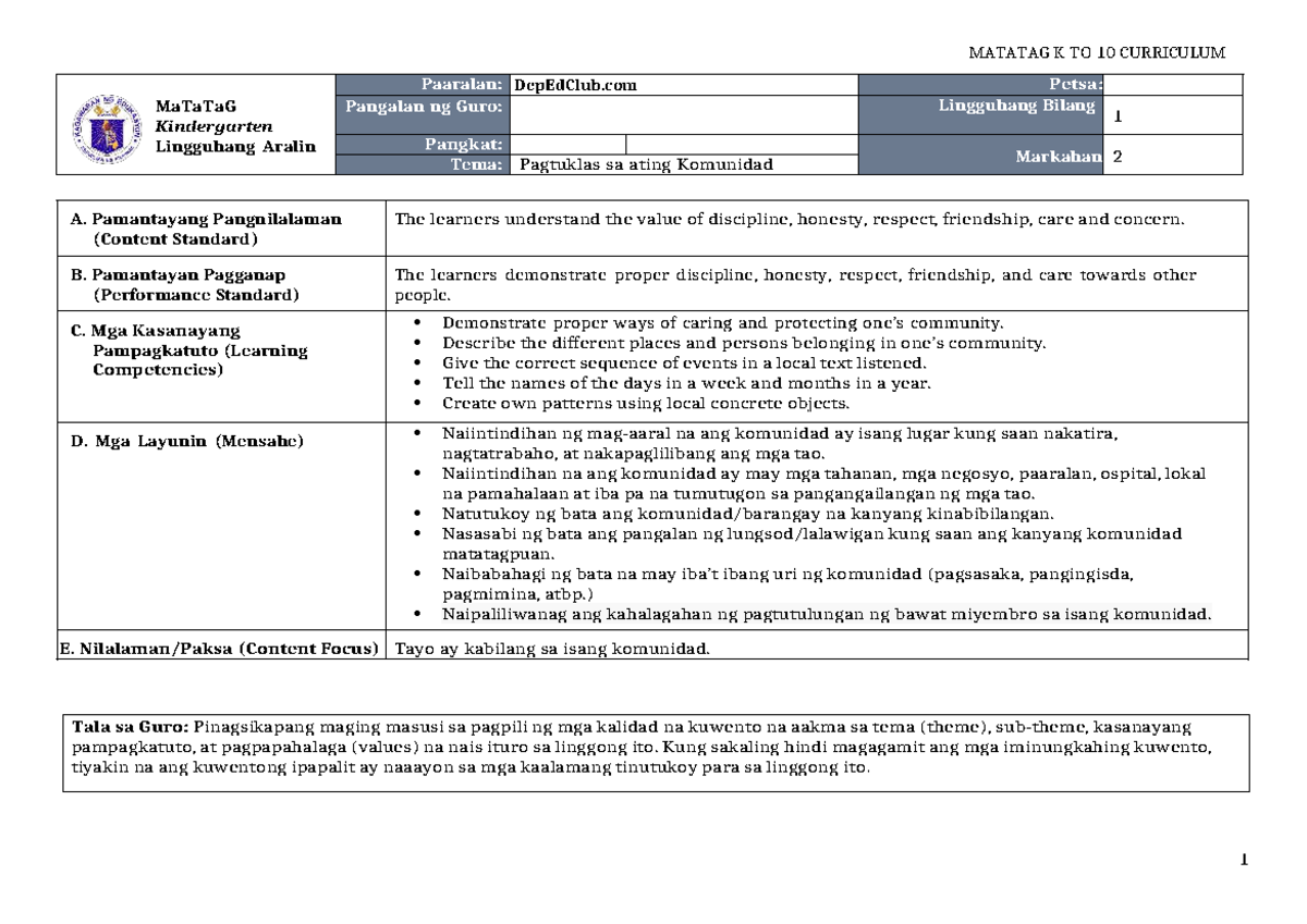MATATAG K TO 10 CURRICULUM: Lingguhang Aralin sa Kindergarten - Studocu