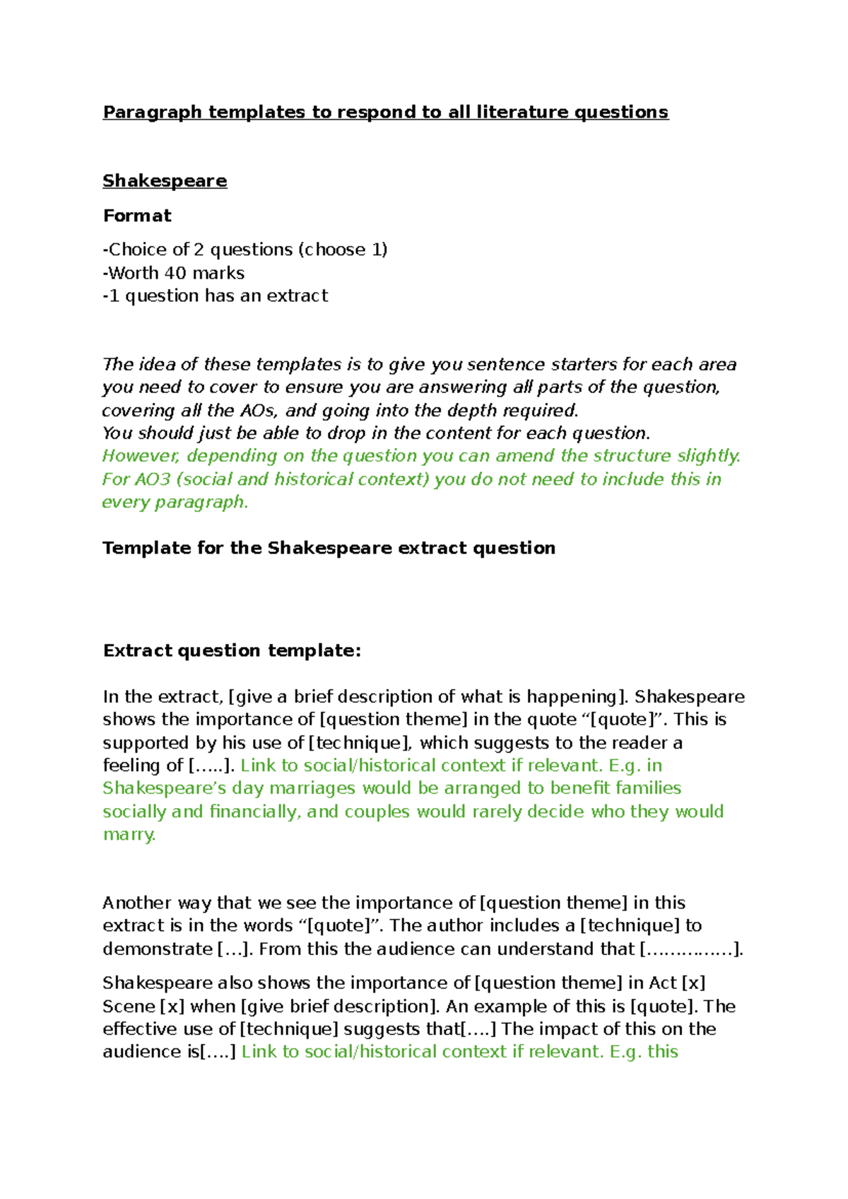 Literature Response Templates for Shakespeare & Dickens (Howie) - Studocu