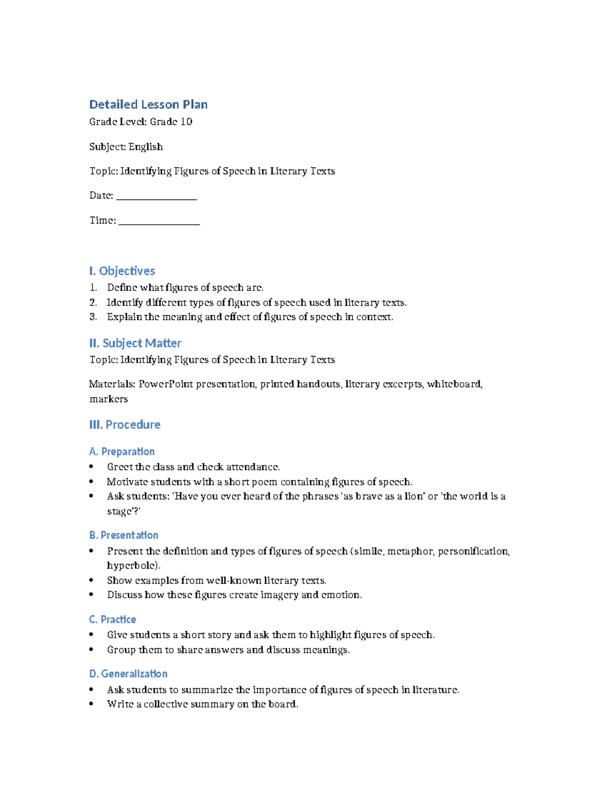 Figures of Speech Lesson Plan - Grade 10 English - Studocu