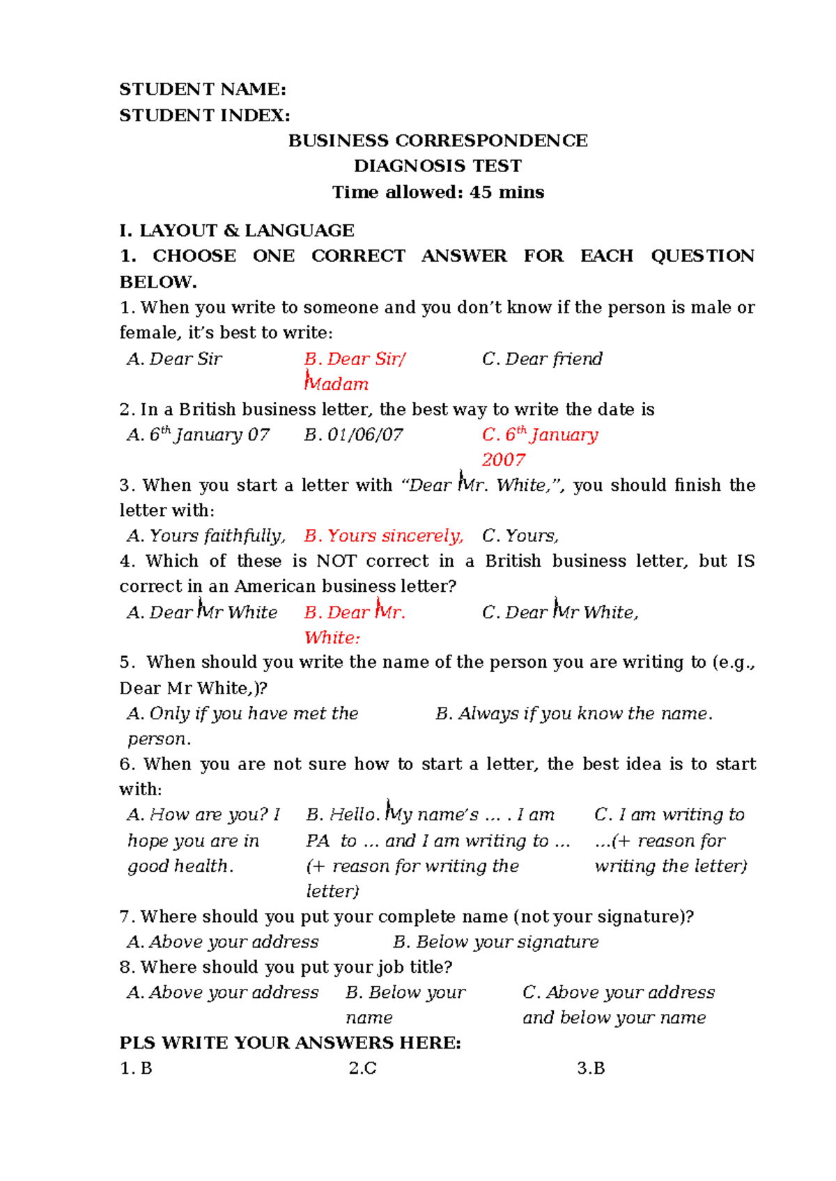 BUSINESS CORRESPONDENCE DIAGNOSIS TEST SS1 - Studocu