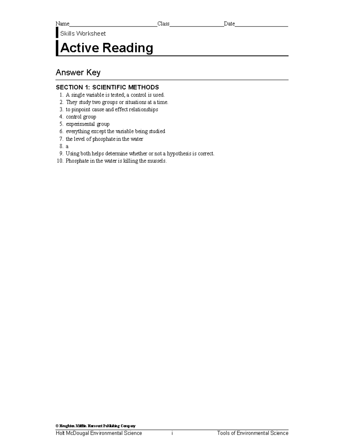 Holt Environmental Science Skills Worksheet: Scientific Methods Answer ...