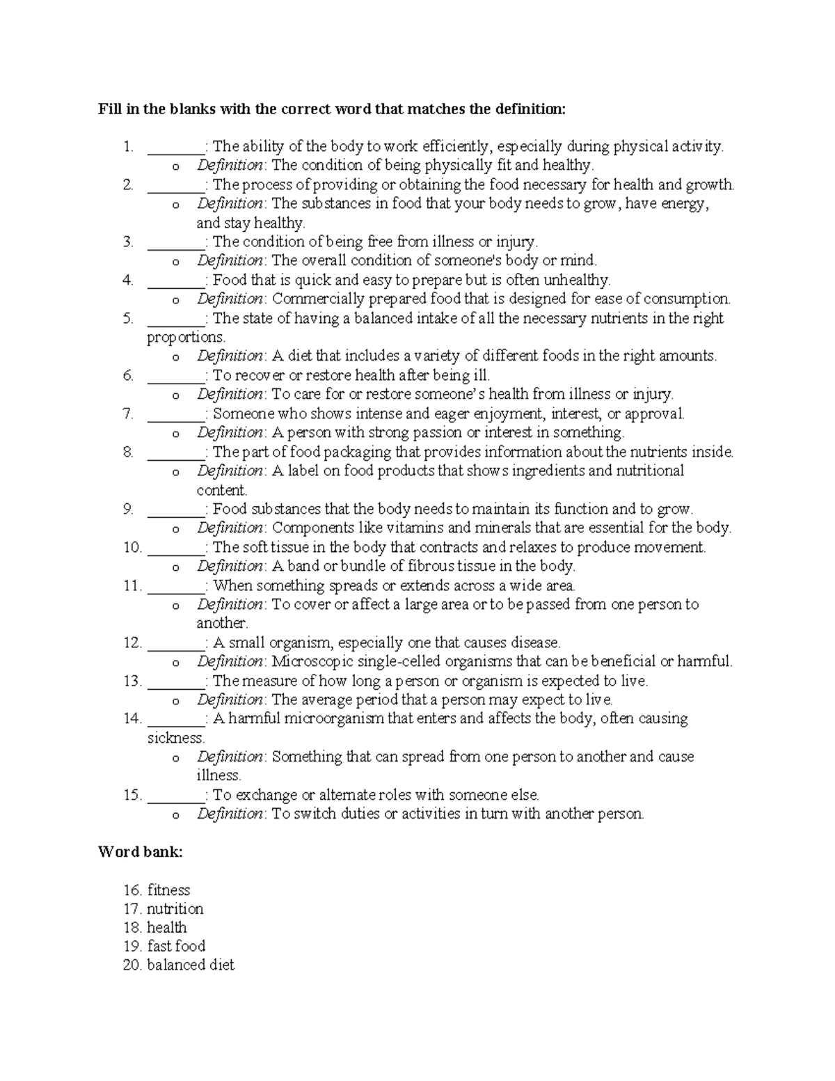 Health and Nutrition Terms Test - Fill in the Blanks Exercise - Studocu