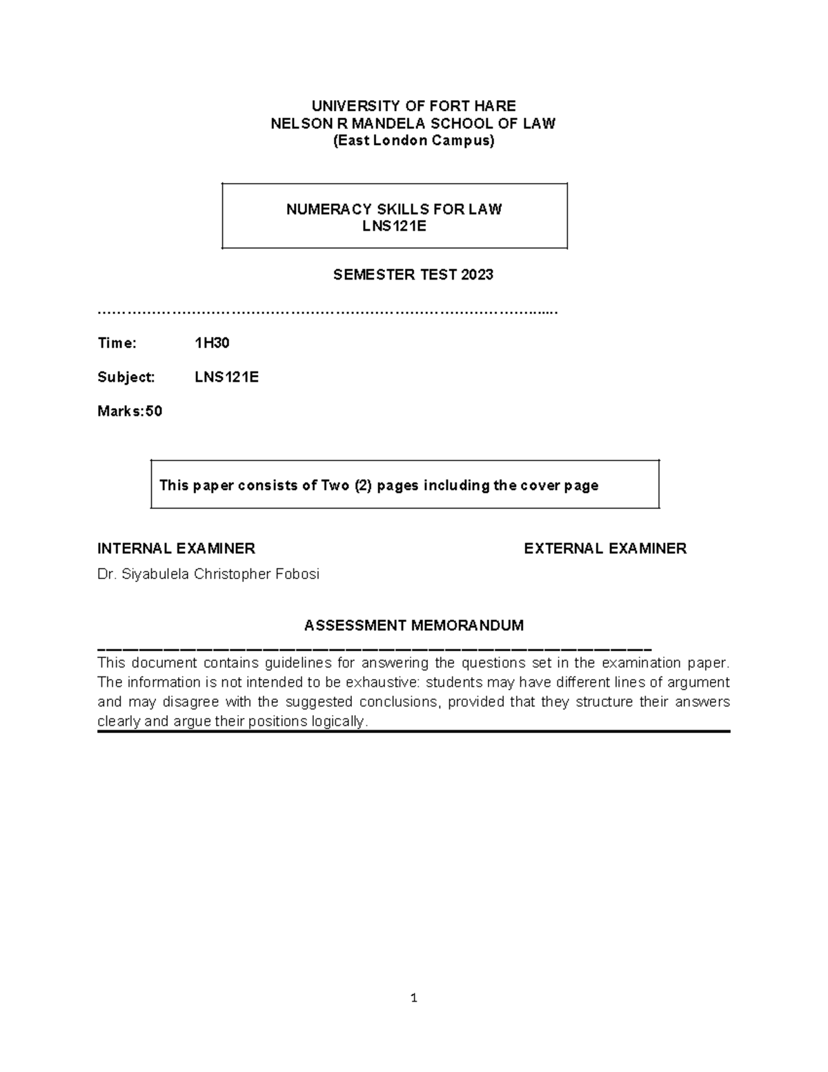 LNS121E Semester Test 2023 Memo - Exam Notes and Guidelines - Studocu