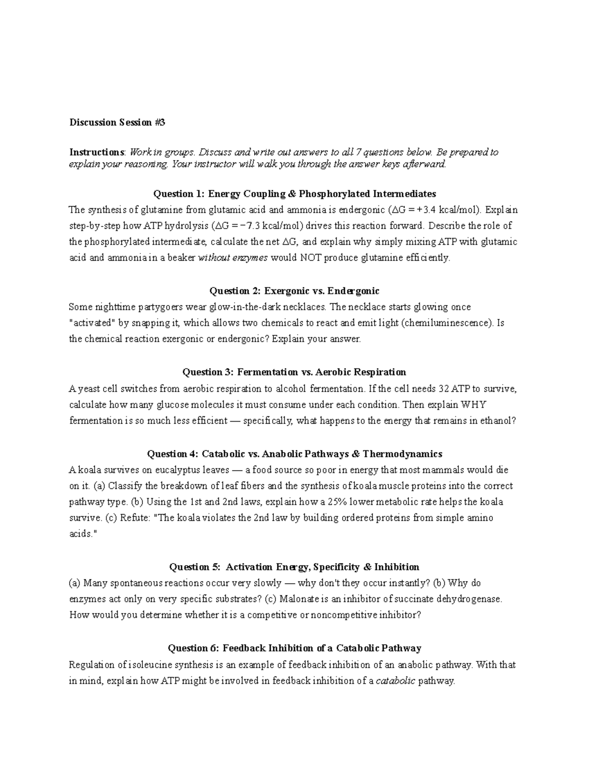Discussion Session 3 - Bio: Group Questions & Answers on Metabolism ...