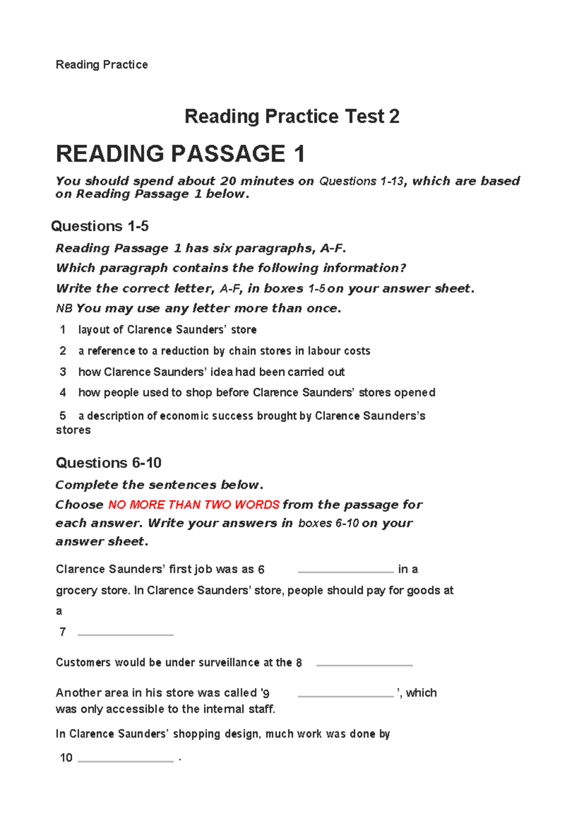 Reading Practice Test 2: Comprehension Questions & Answers - Studocu