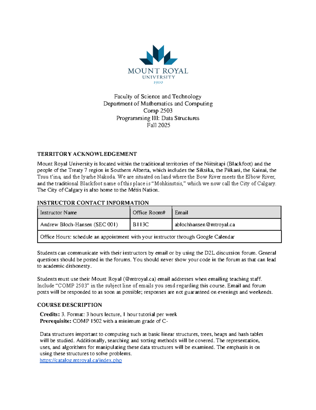 W25 COMP 2503 Course Outline: Data Structures & Java Programming - Studocu
