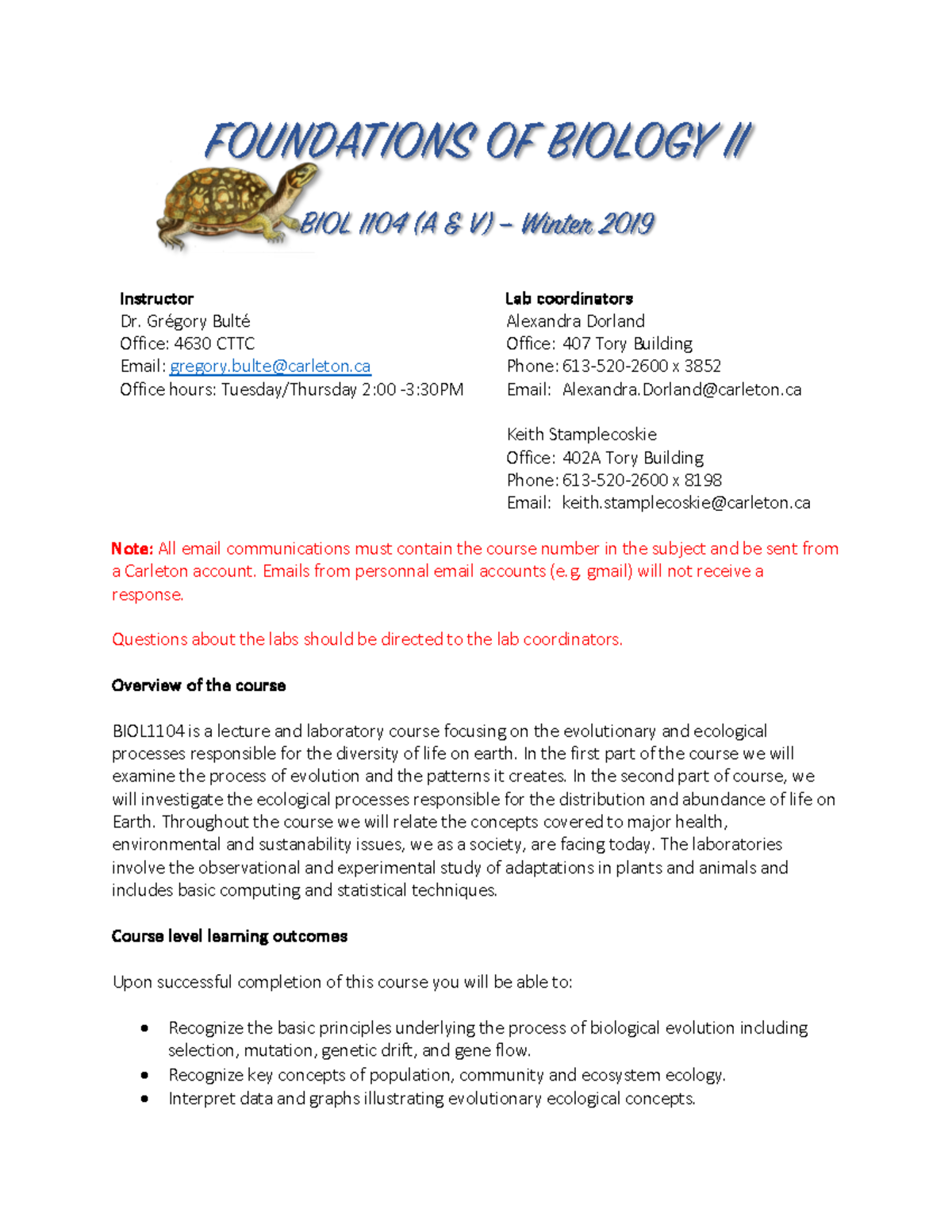 1104 course outline - FOUNDATIONS OF BIOLOGY II BIOL 1104 (A & V ...