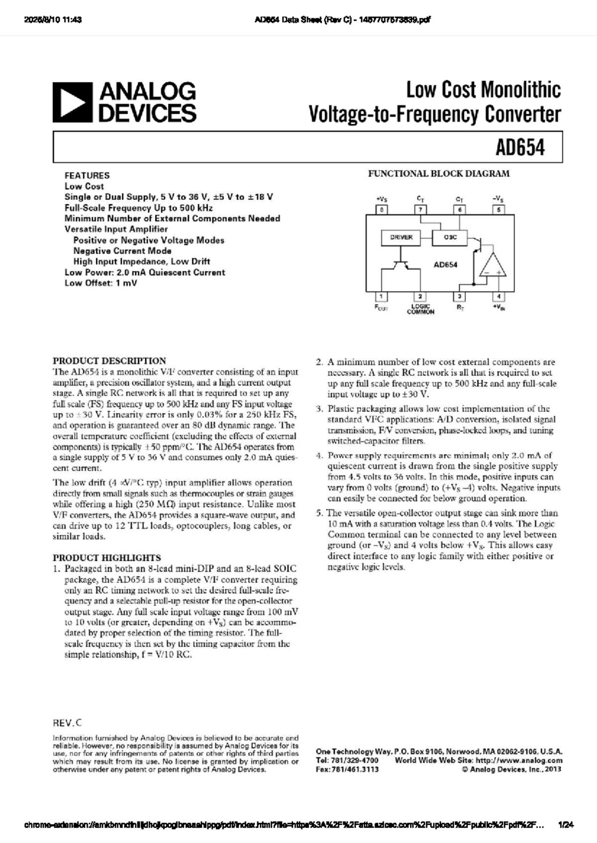 AD654 Data Sheet (Rev C) - Features and Specifications Overview - Studocu