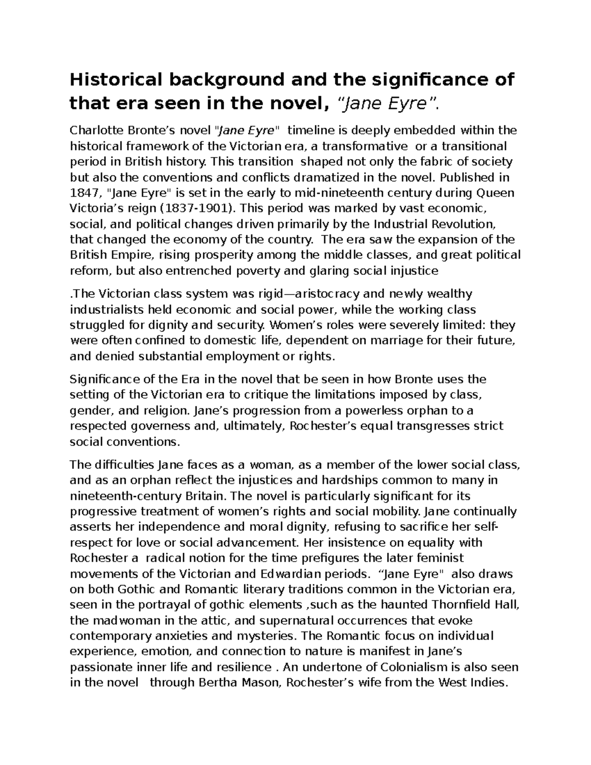 Atin's - Historical Significance of the Victorian Era in JANE EYRE ...