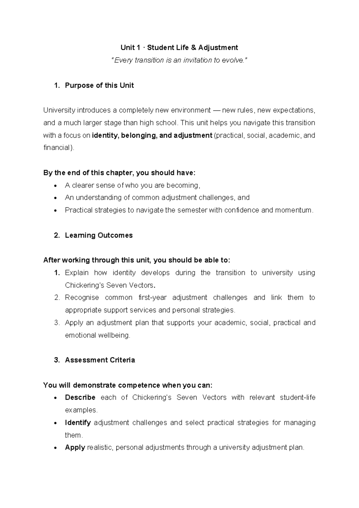 Unit 1 2026 - Navigating Student Life Adjustment and Identity ...