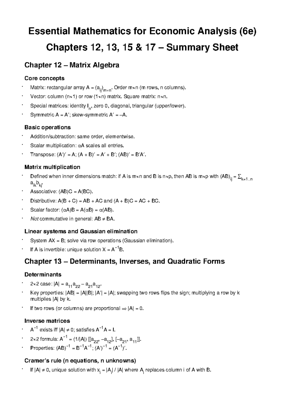 Essential Mathematics for Economic Analysis (6e) Summary of Chapters 12 ...
