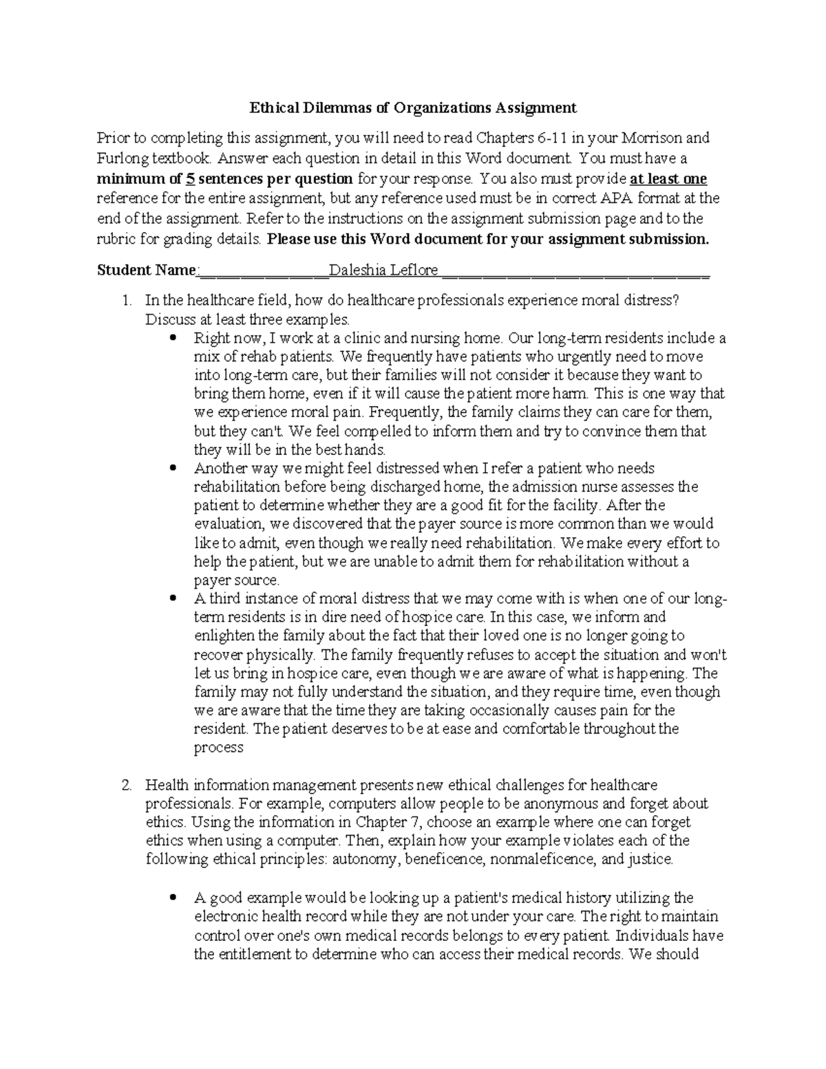 Daleshia Leflore Ethical Dilemmas in Organizations Assignment (HCM 101 ...