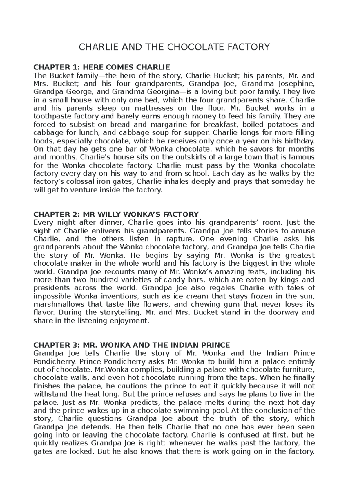 Charlie and the Chocolate Factory: Chapter Insights and Analysis - Studocu