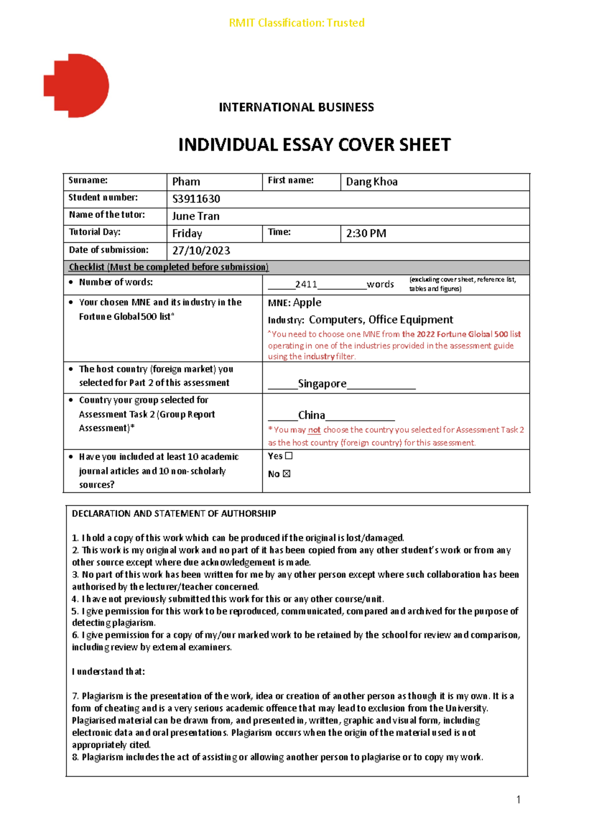RMIT S3911630 International Business Individual Essay: Apple in ...