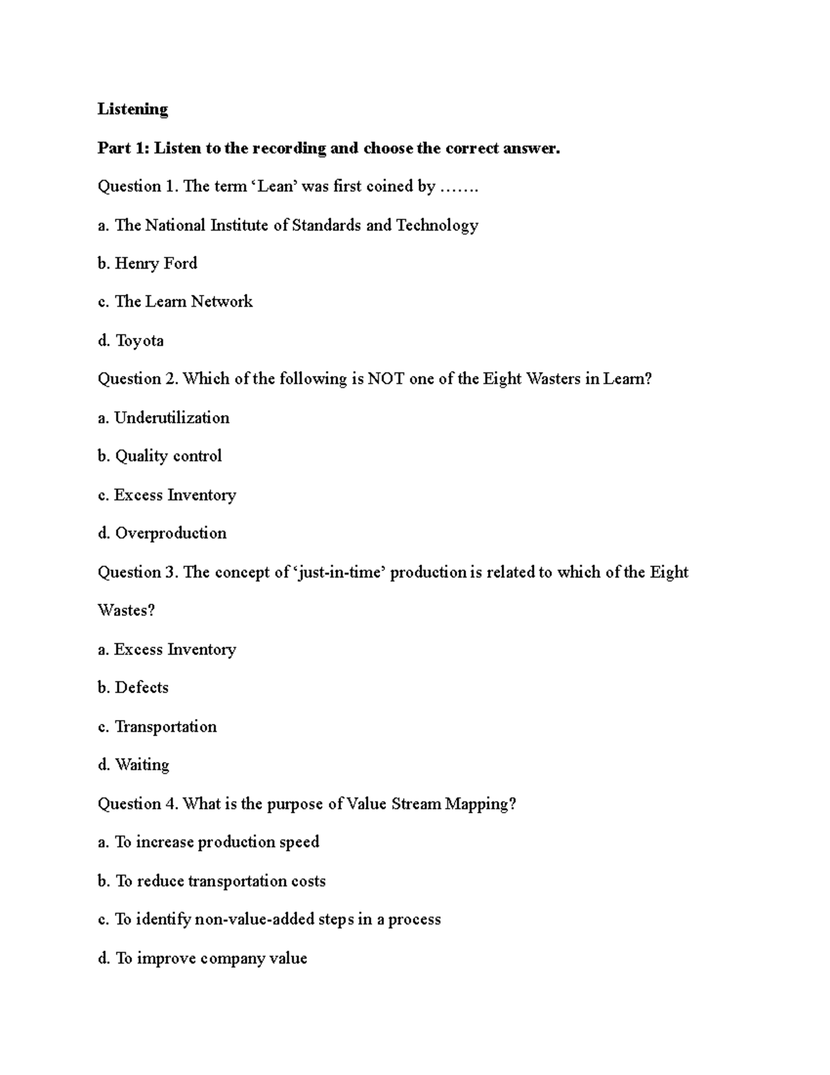 Sample Test 1: Listening & Reading Comprehension Questions - Studocu