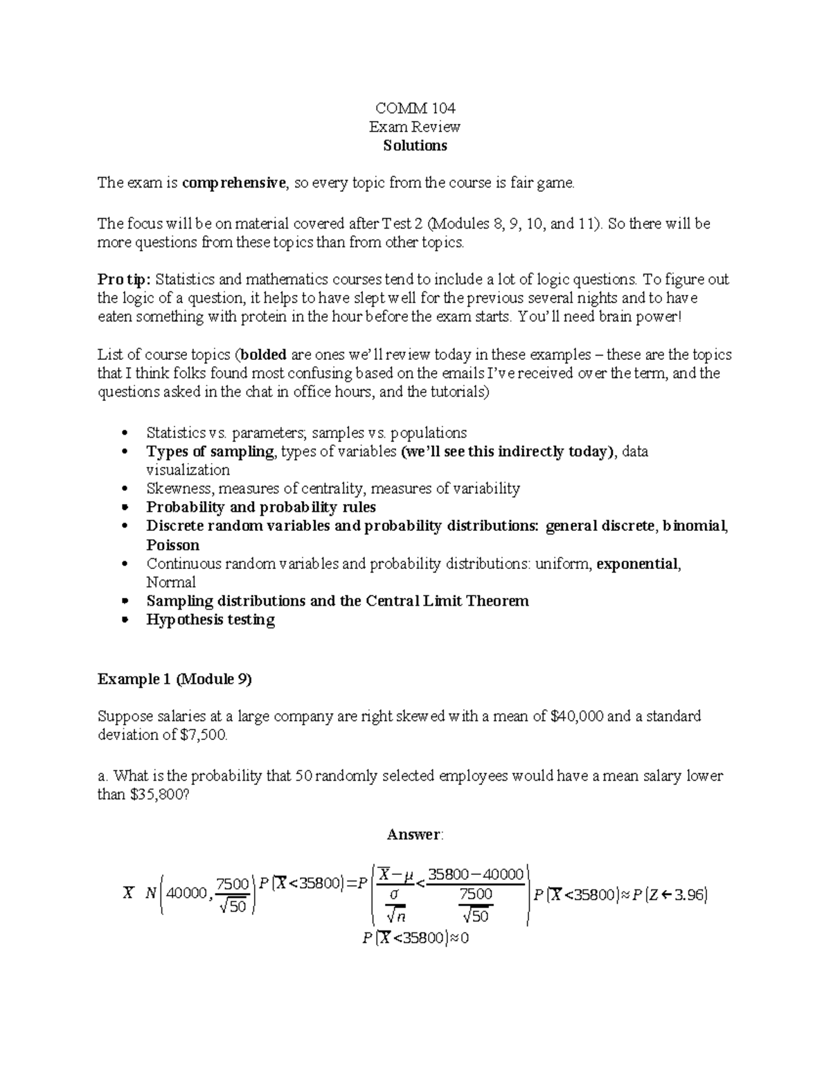 COMM 104 Comprehensive Final Exam Review: Key Solutions & Examples ...
