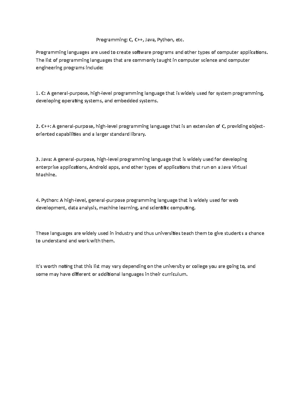 Programming Languages Overview: C, C++, Java, Python - Studocu