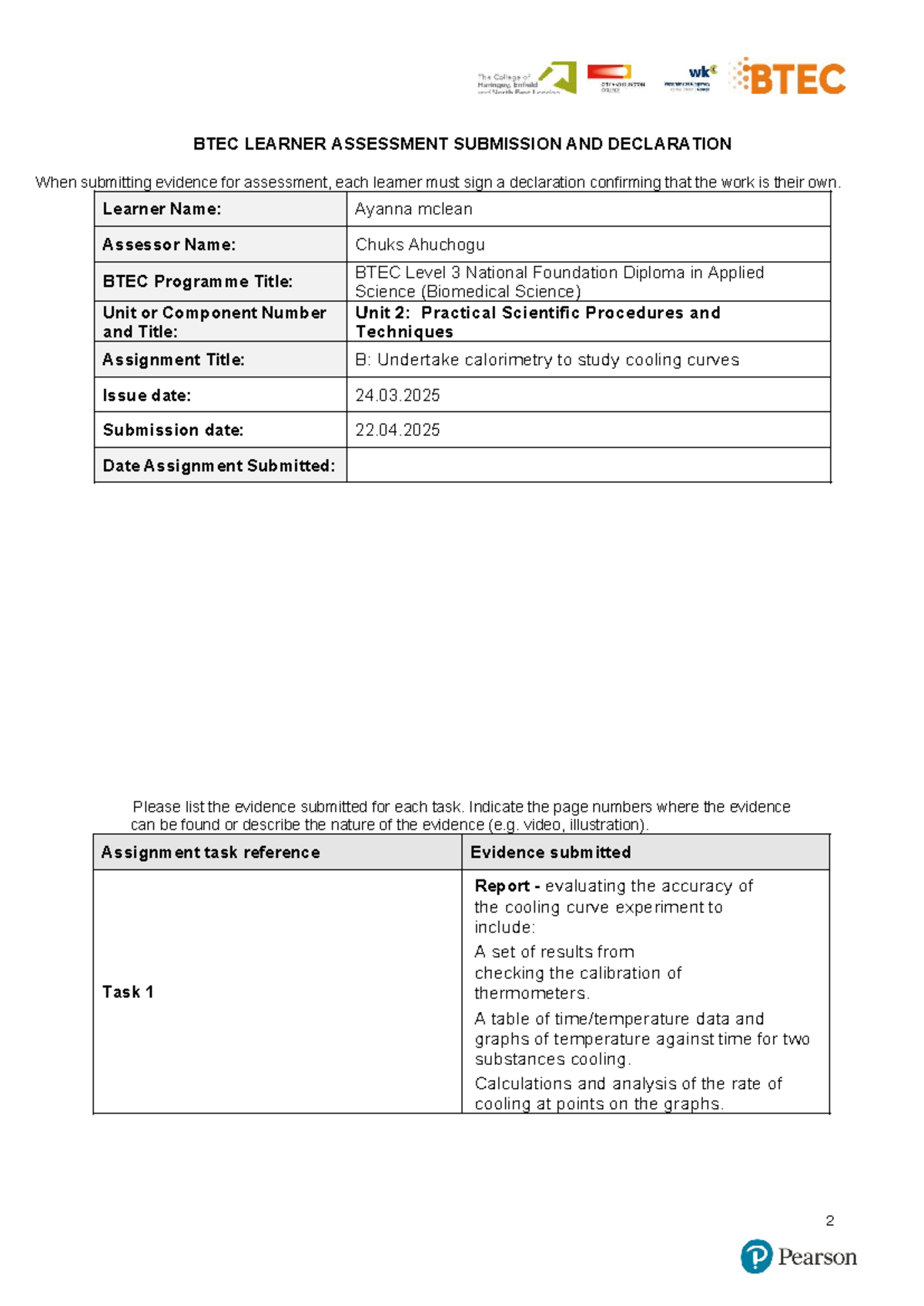 BTEC Level 3 Applied Science Unit 2: Calorimetry Assignment Submission ...