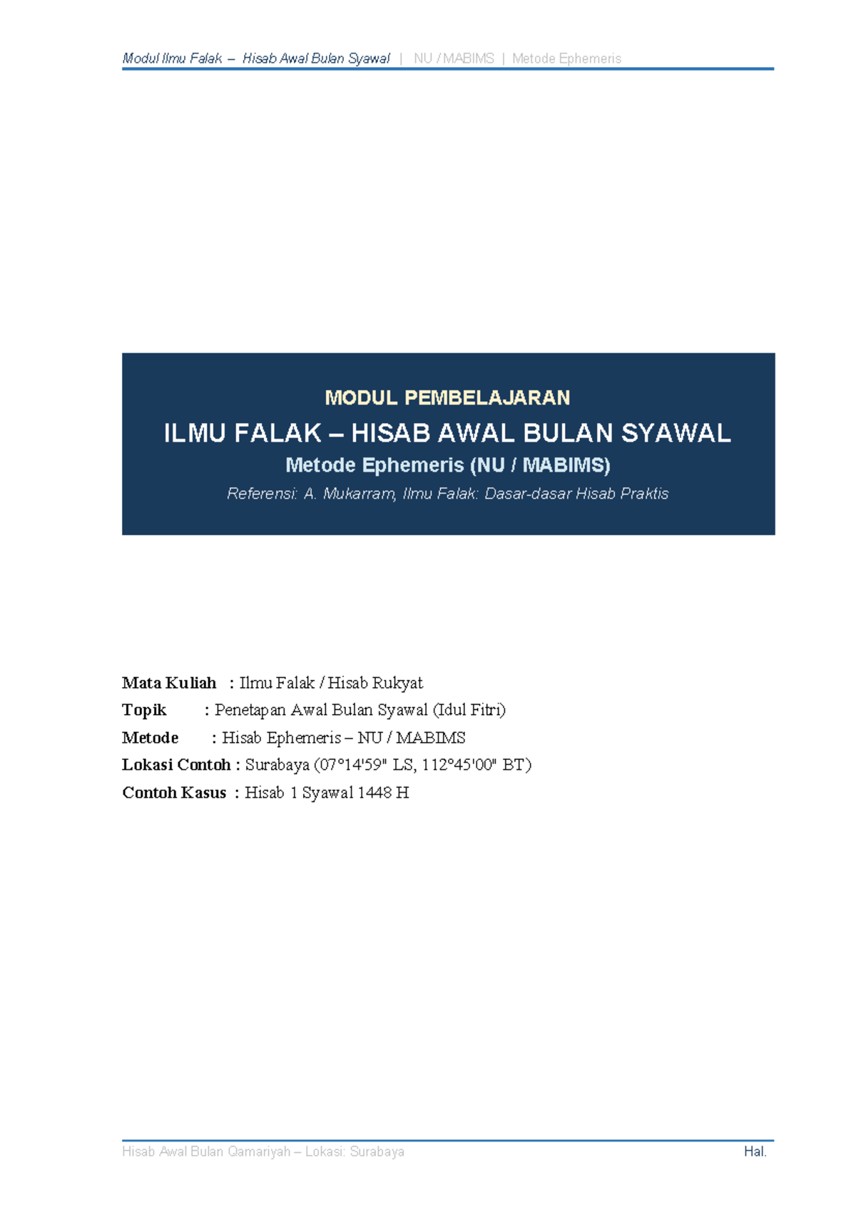 Modul Ilmu Falak Hisab Awal Bulan Syawal NU MABIMS Metode Ephemeris ...