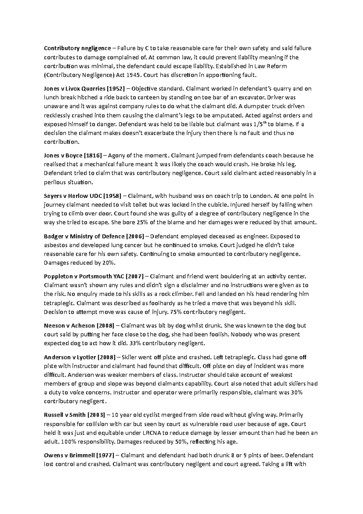 Tort Lecture 5 - Defences - Contributory negligence – Failure by C to ...