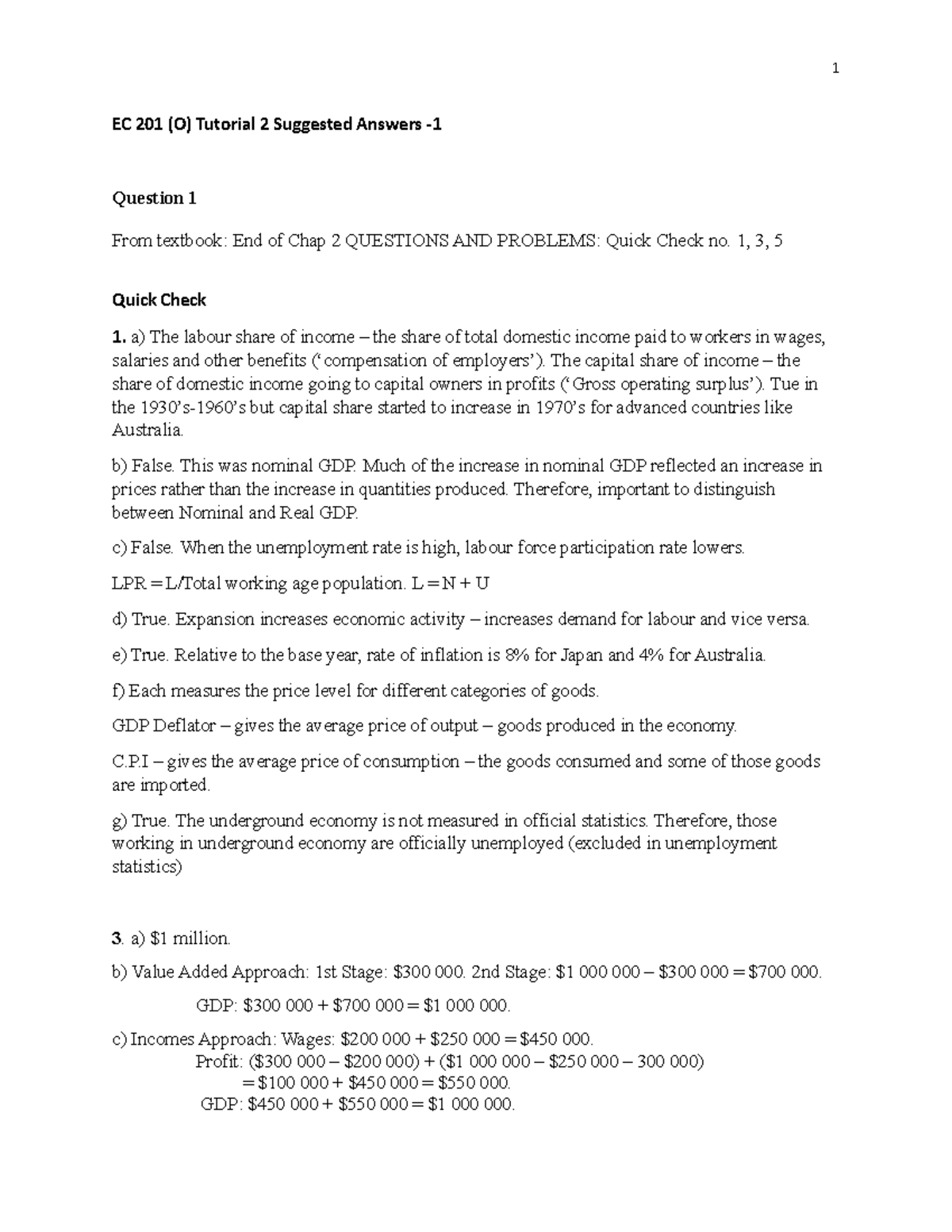 EC 201 (O) Tutorial 2 Suggested Answers - 1 - 1, 3, 5 Quick Check a) The labour share of income ...