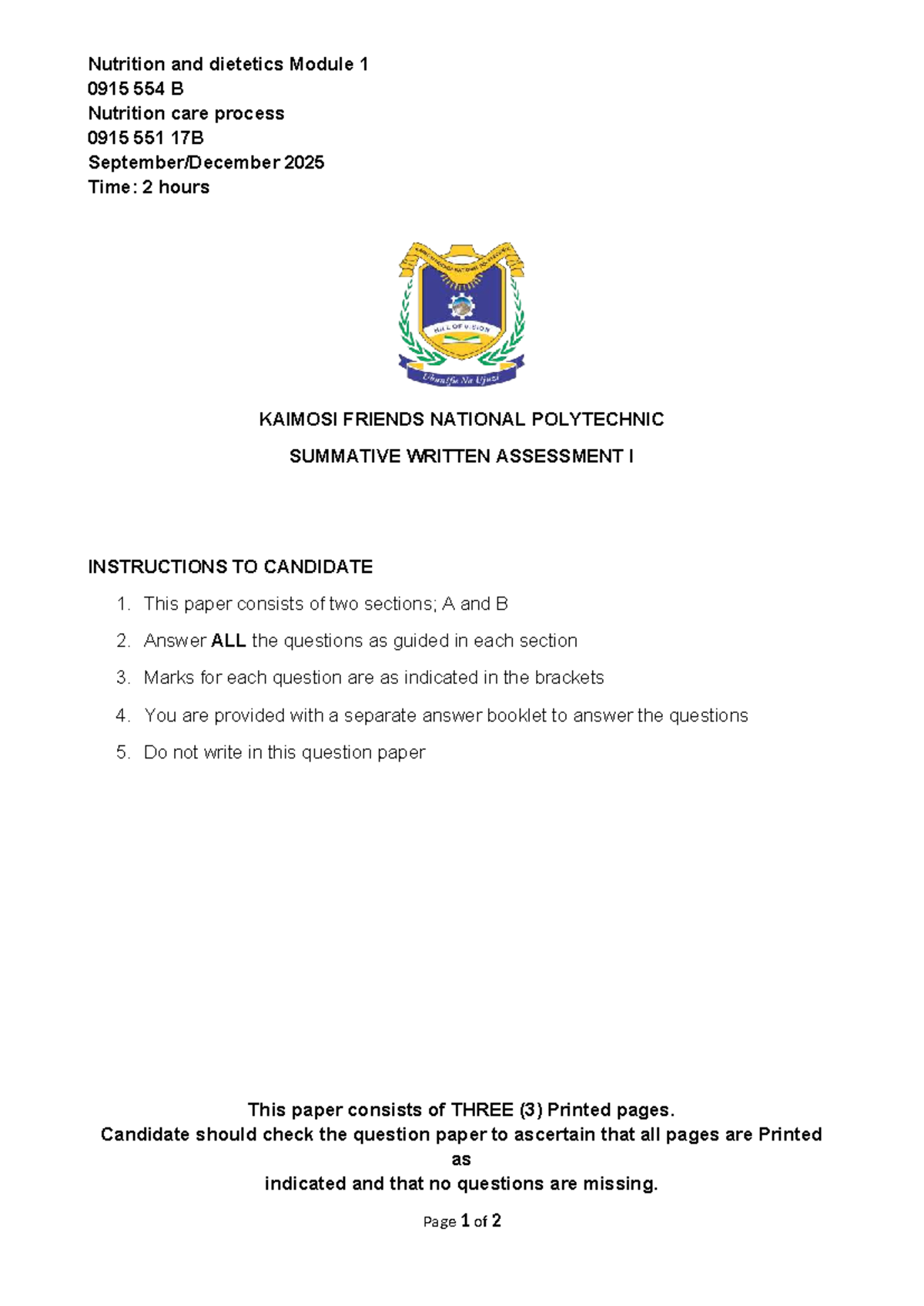 Nutrition and Dietetics Summative Assessment I 0915 554 B 2025 - Studocu