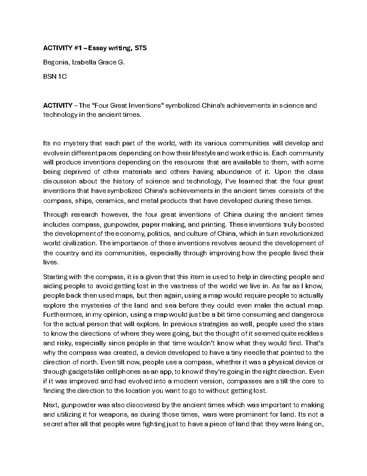 STS ACT1 (four great inventions) - ACTIVITY # 1 – Essay writing, STS ...