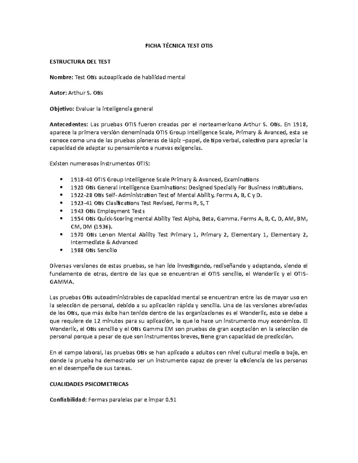 Ficha Técnica del Test Otis - Evaluación de Habilidad Mental - Studocu