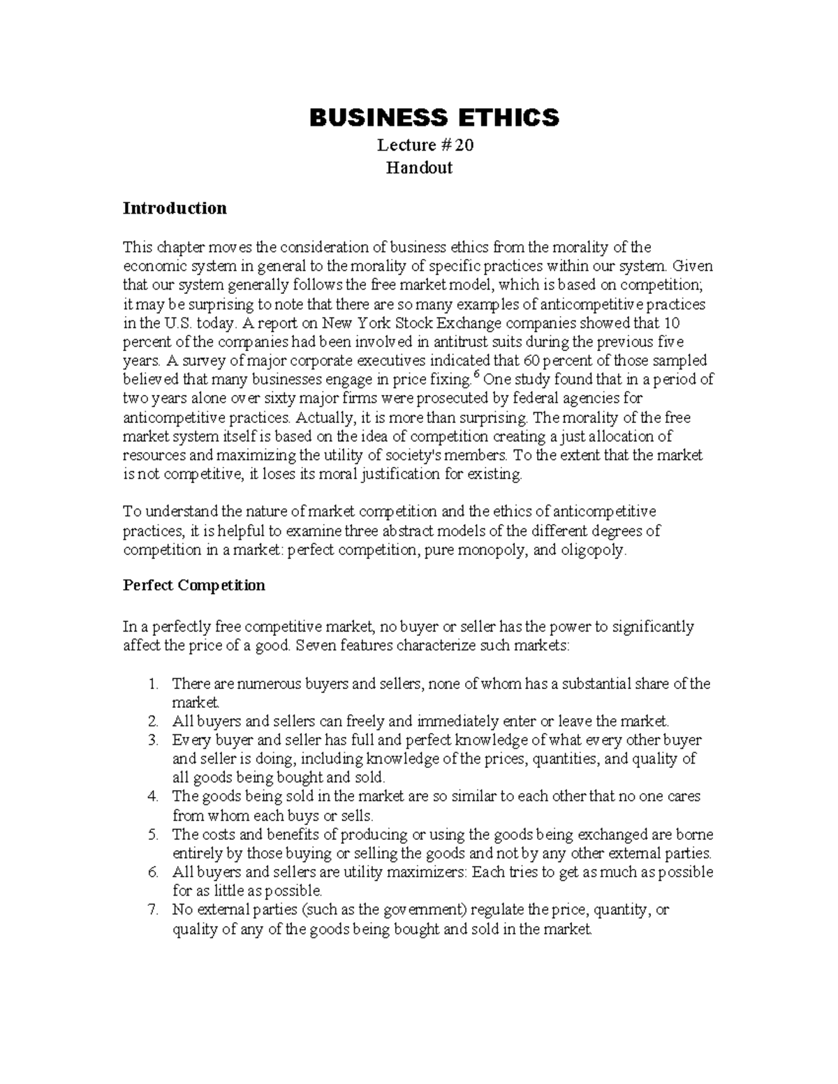 BUSINESS ETHICS Lecture 20 Handout: Anticompetitive Practices Analysis - Studocu