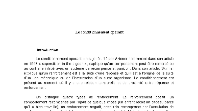 TD1 Psychologie Cognitive : Étude du Conditionnement Opérant et de la ...