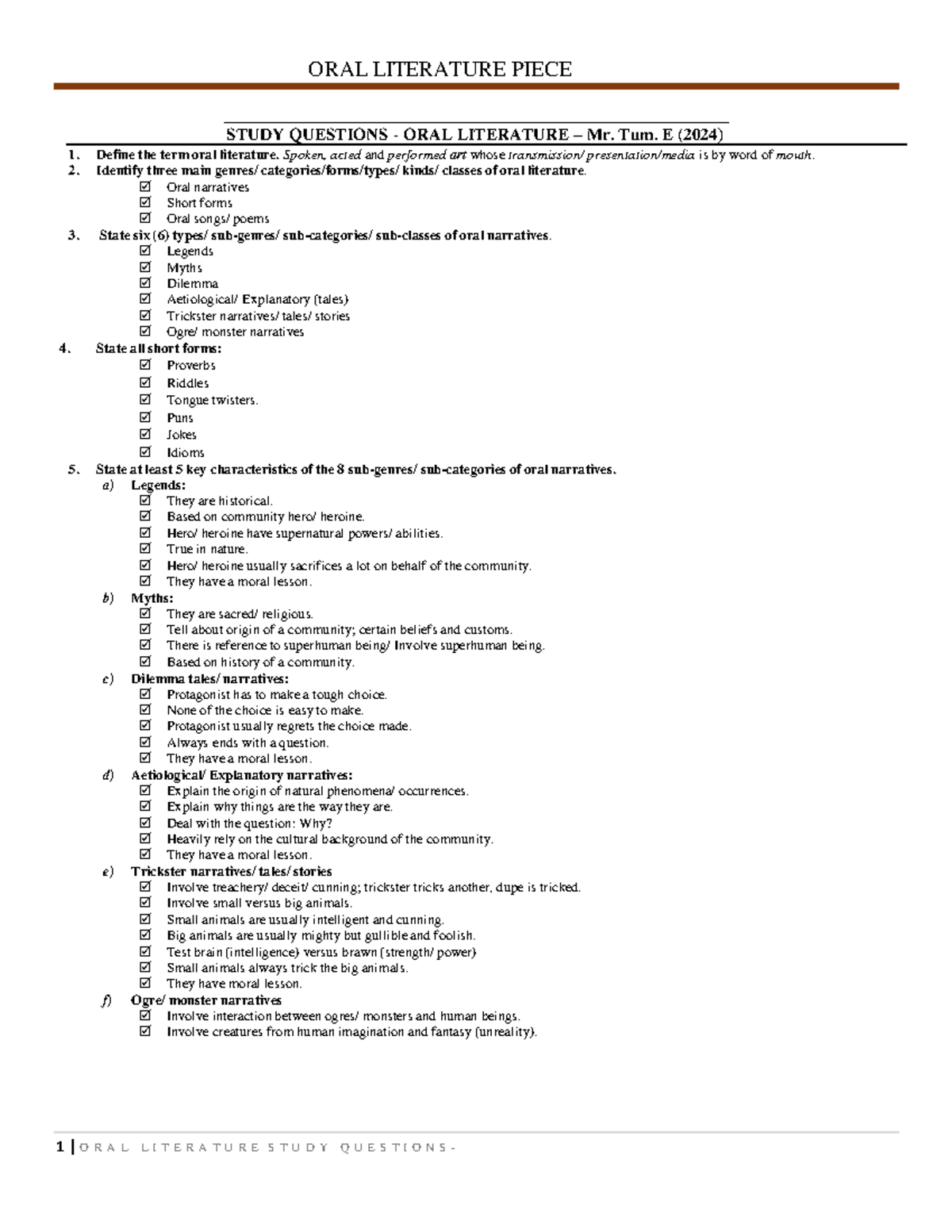 ORAL Literature Study Questions 2024 - Comprehensive Guide - Studocu