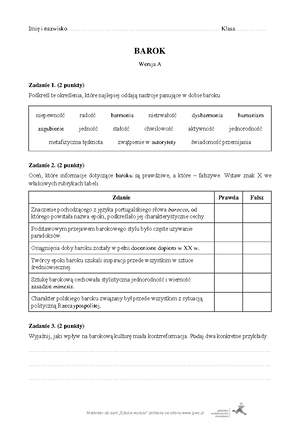 Barok - notatki do matury - BAROK CZAS TRWANIA Początek: 1597 r. – powstanie pierwszej opery ...