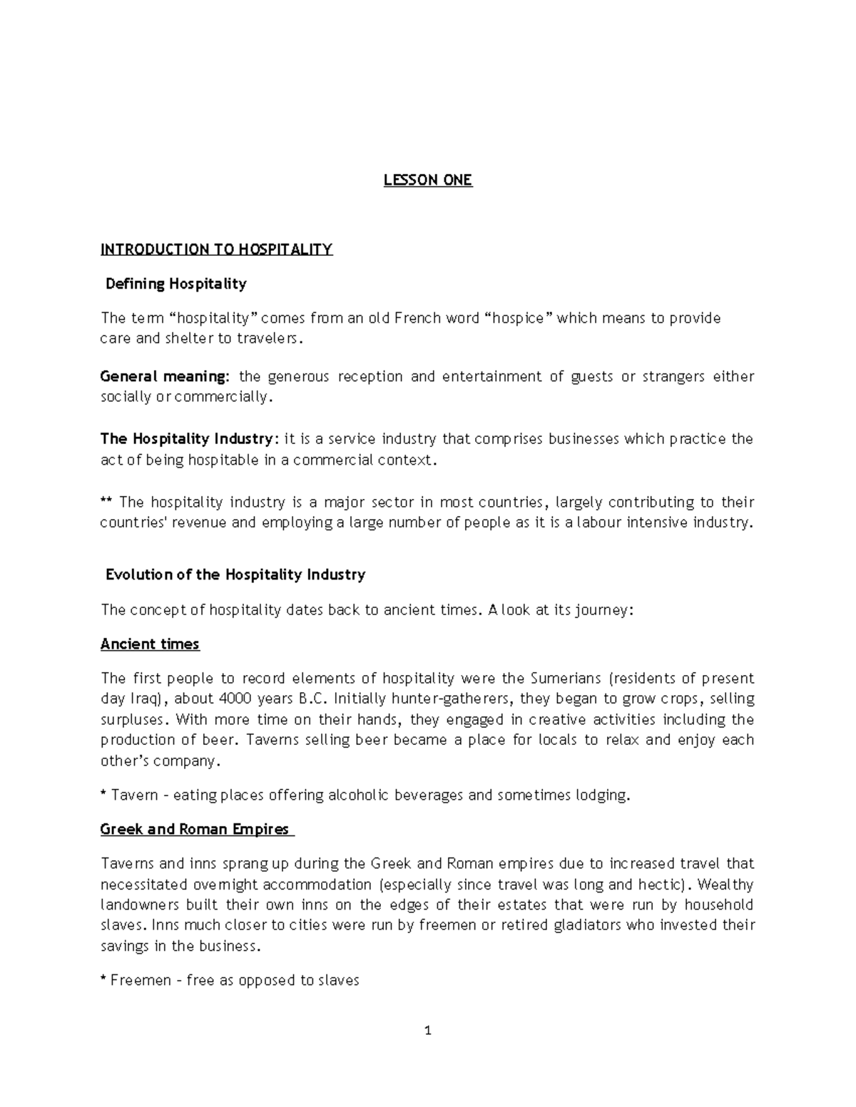 HOSP 101: Lesson One - Introduction to Hospitality and Its Evolution ...