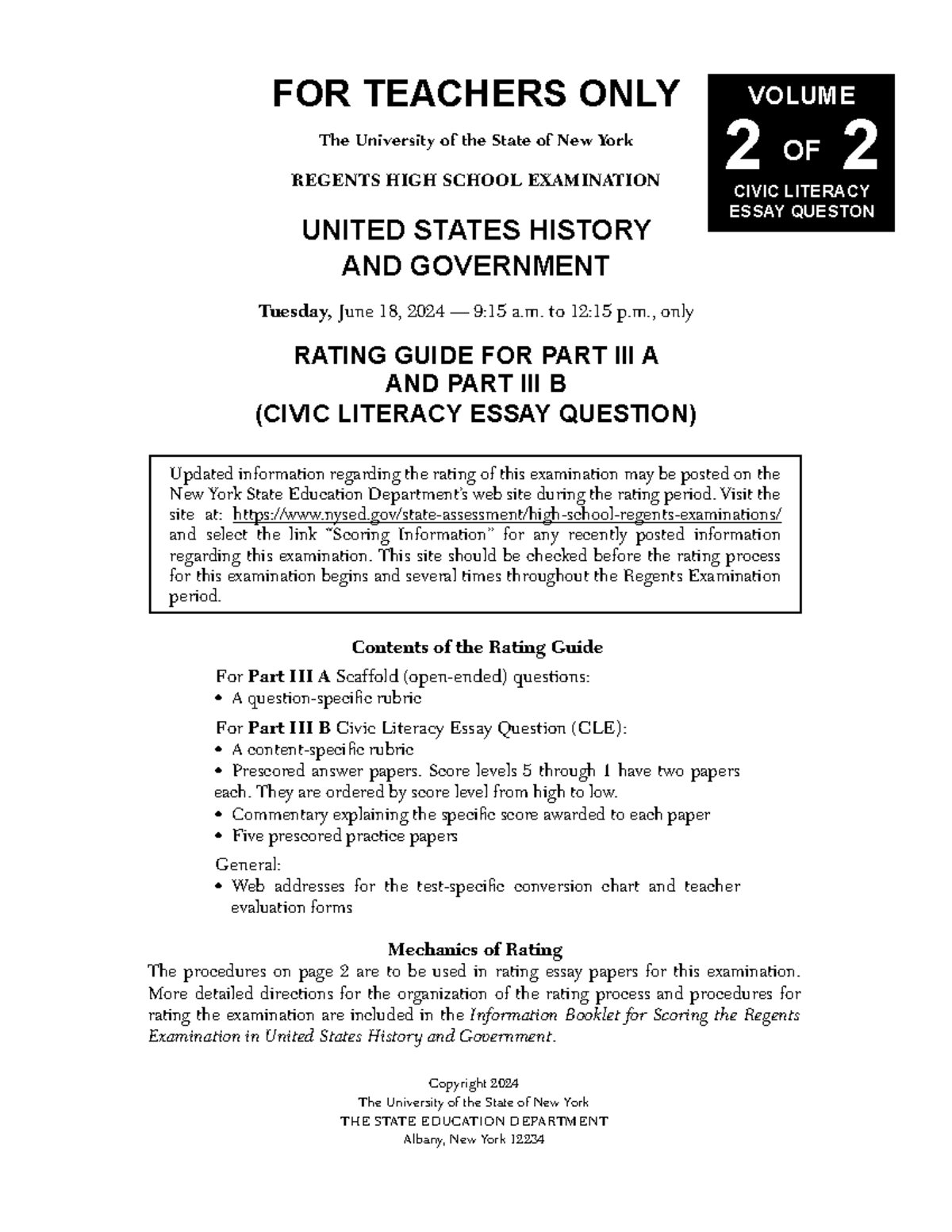 U.S. Hist. Rating Guide: Civic Literacy Essay Question - June 2024 ...