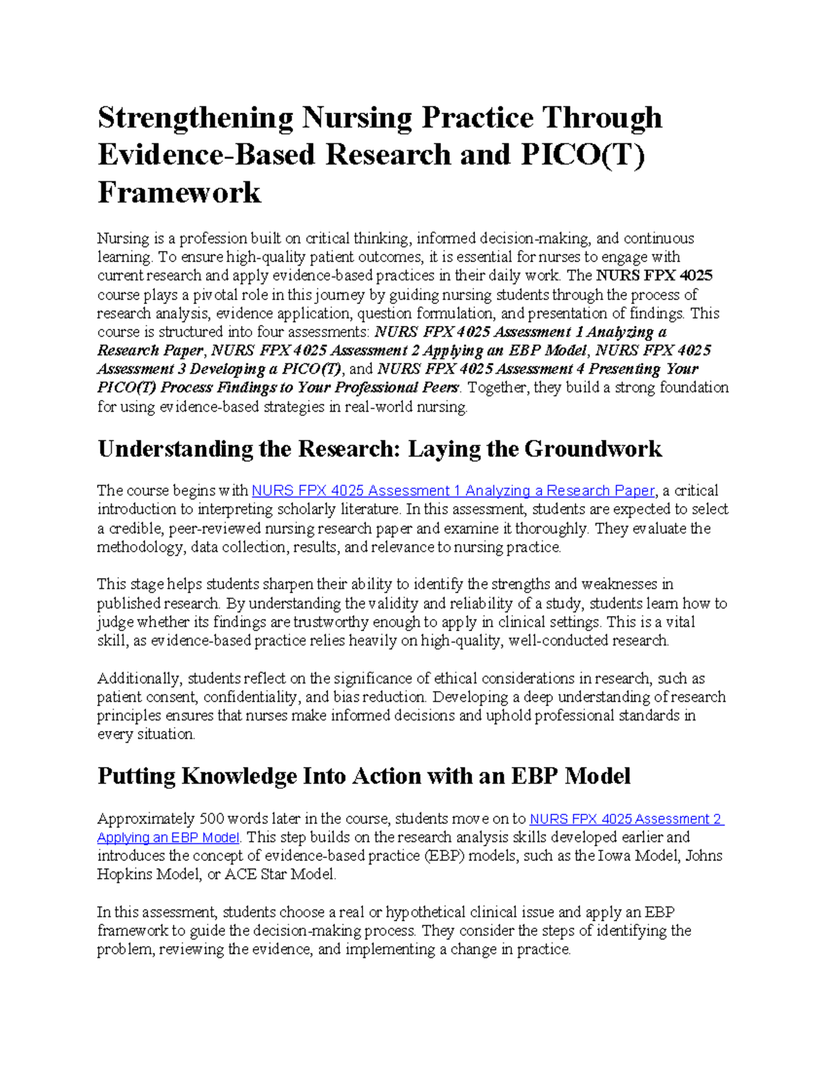NURS FPX 4025 Course: Integrating Research & PICO(T) in Nursing ...