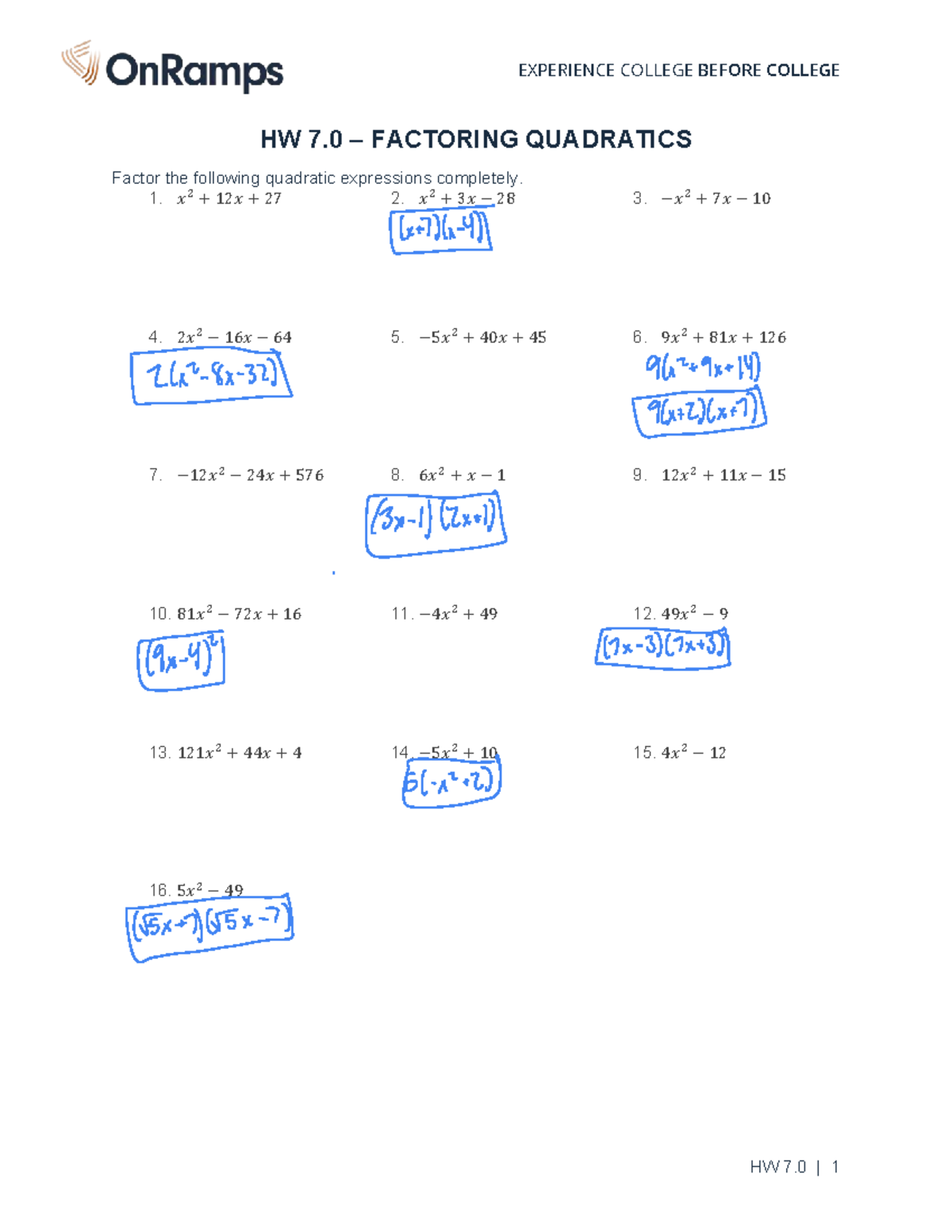 HW 7.0 - Factoring Quadratics Exercises for UT Austin - Studocu