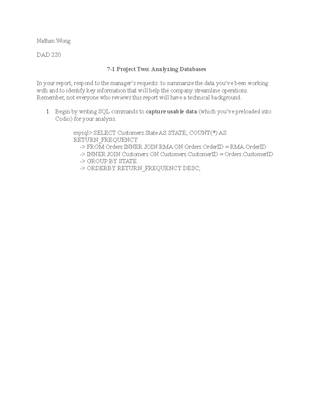 DAD 220: Project Two Report on Database Analysis and Insights - Studocu