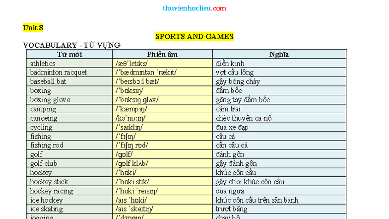 Unit 8: Sports and Games Vocabulary & Exercises (Key Included) - Studocu