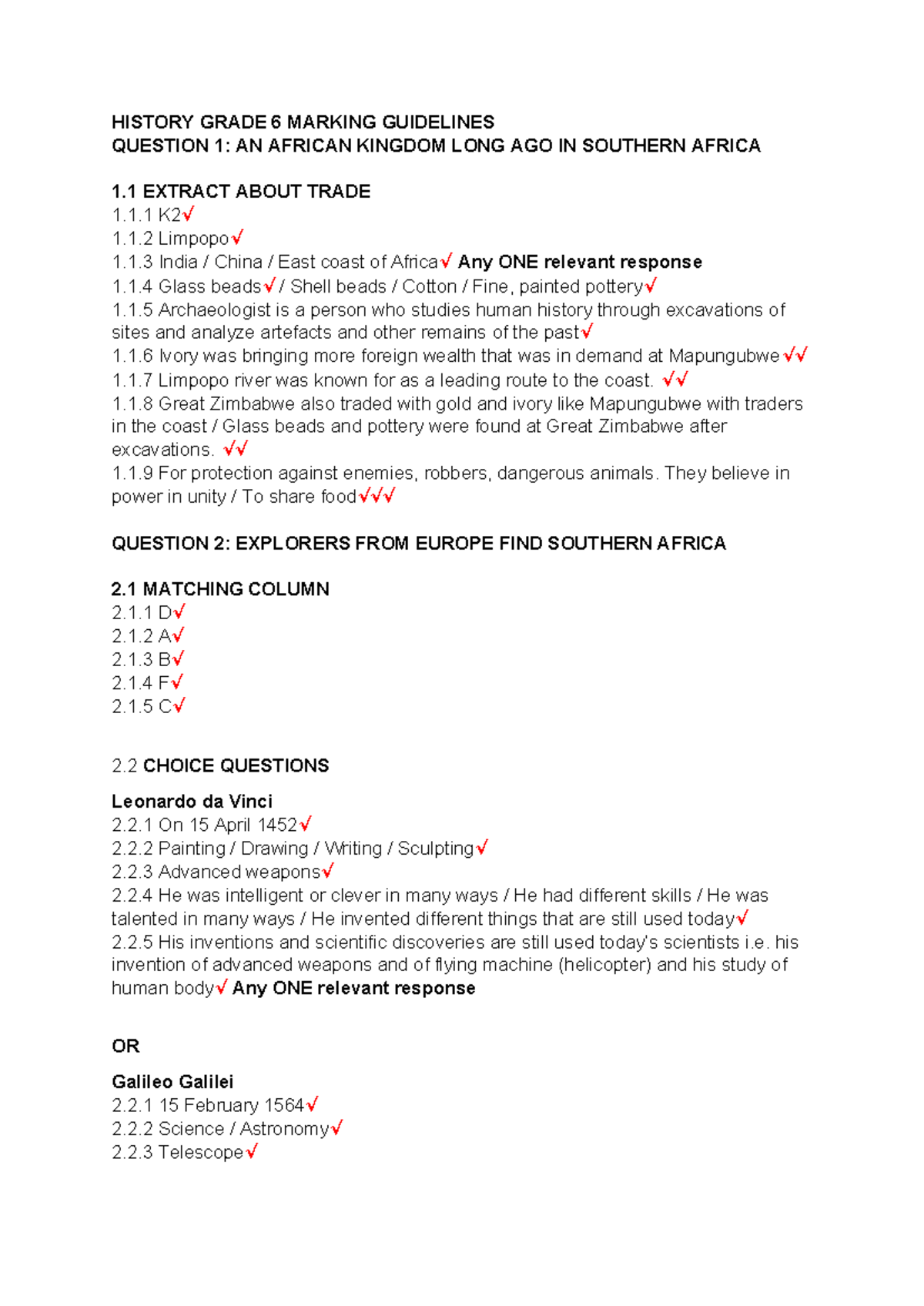 History Grade 6 Marking Guidelines JUNE 2024 - Final Exam Review - Studocu