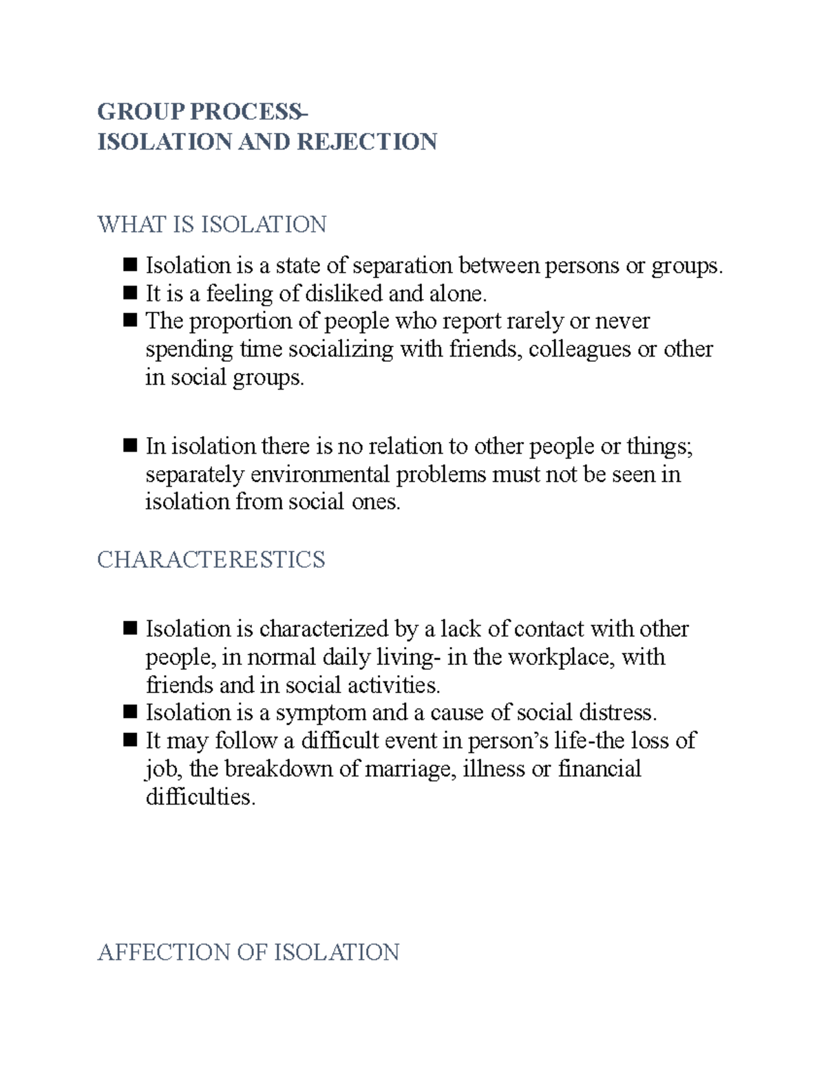 Group Process Study: Understanding Isolation and Rejection - Studocu