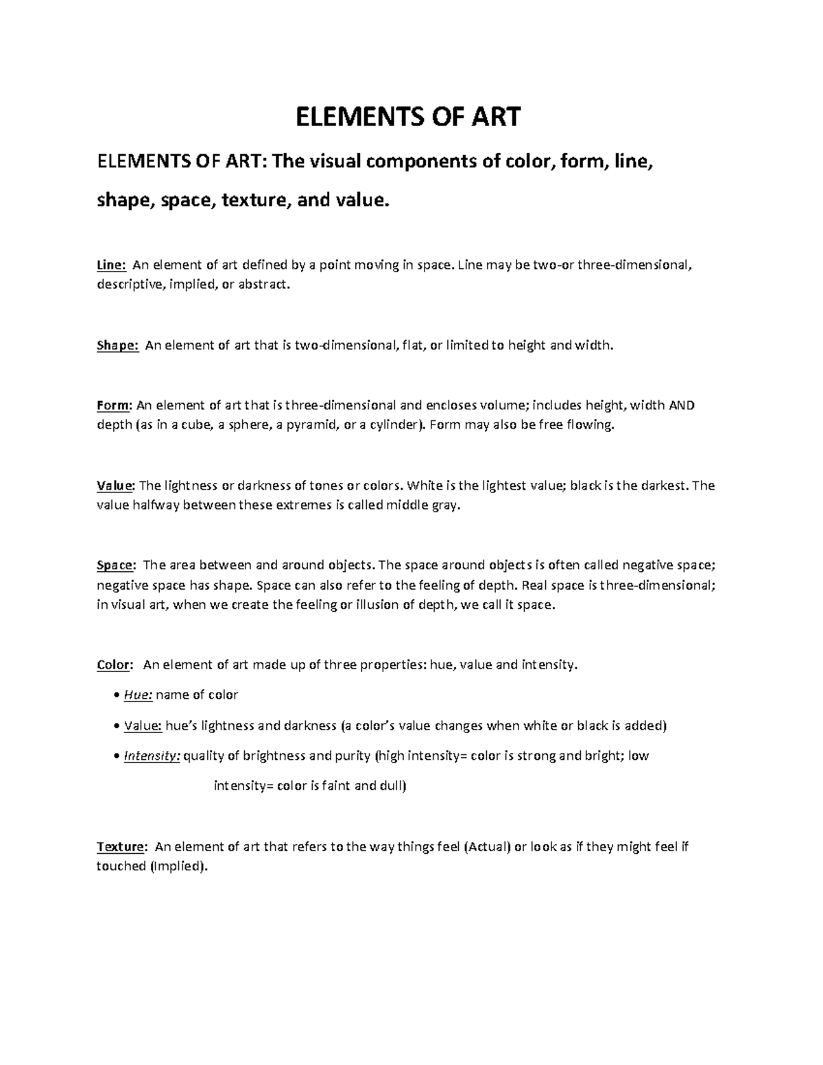 Elements of Art Overview: Color, Form, Line, Shape, Texture, Value ...