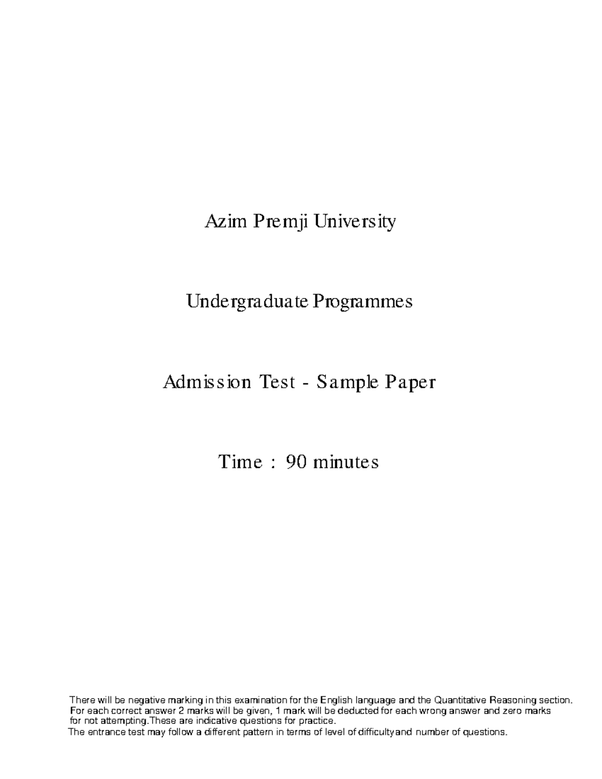Azim Premji University UG Admission Test Sample MCQ Paper - Studocu