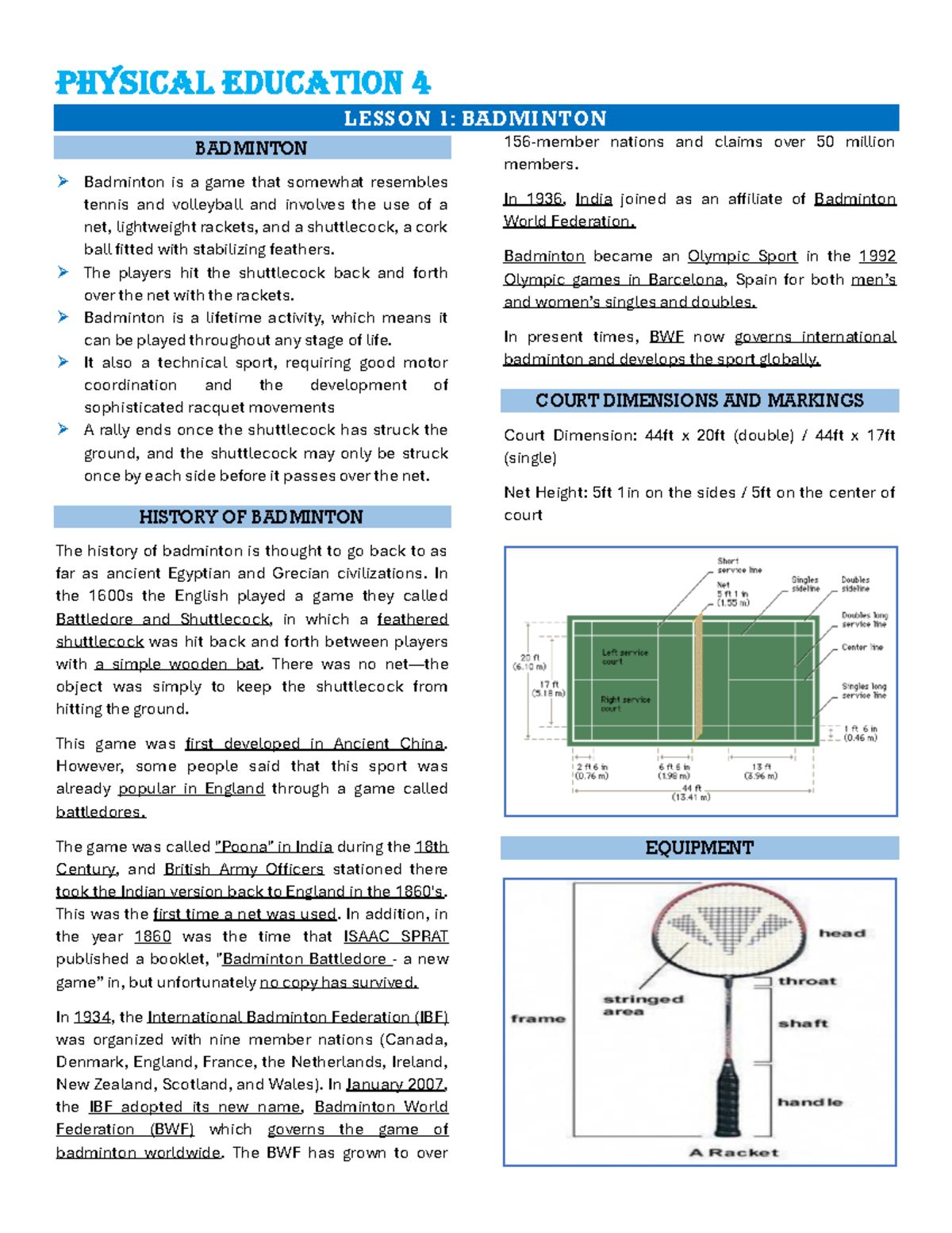 Physical Education 4: Badminton Lesson Notes and History - Studocu