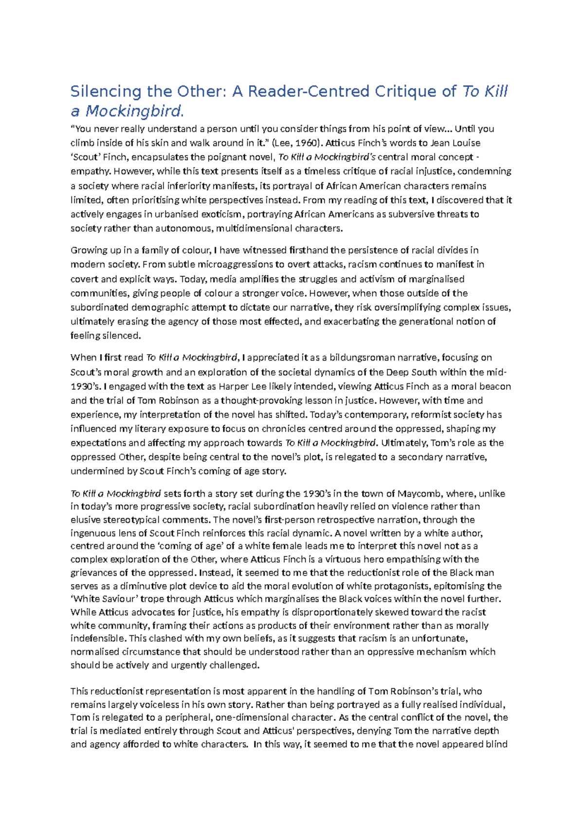 IA1 Essay Notes: A Critical Analysis of To Kill a Mockingbird - Studocu