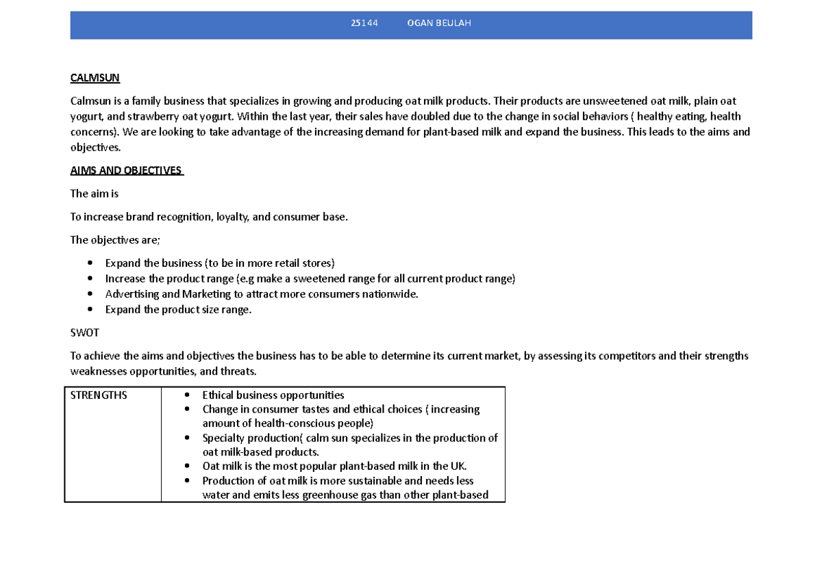 Unit 2 Mock Assessment: Business Strategy for Calmsun Oat Milk Products ...