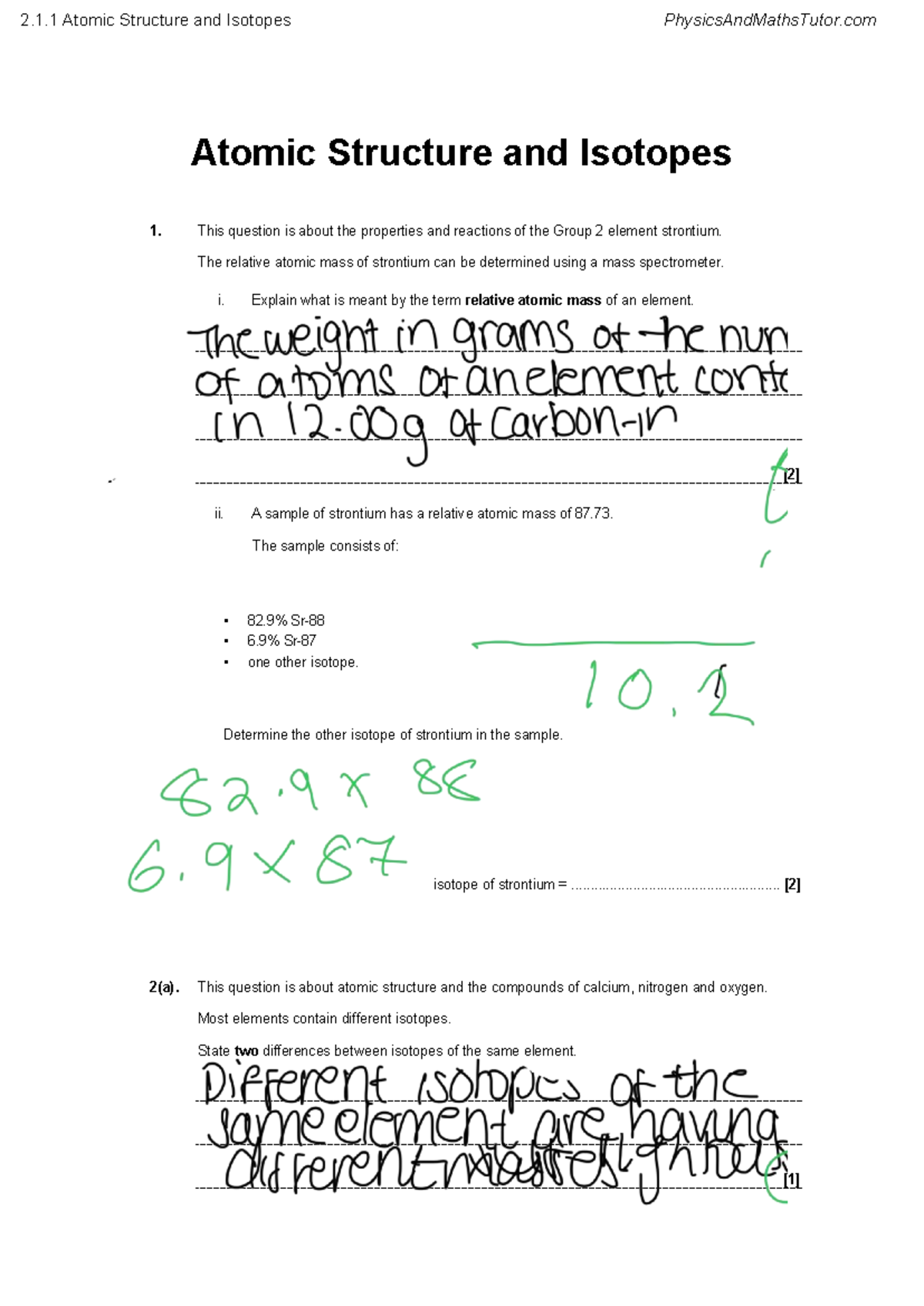 2.1.1 Atomic Structure and Isotopes: Exam Questions and Solutions - Studocu