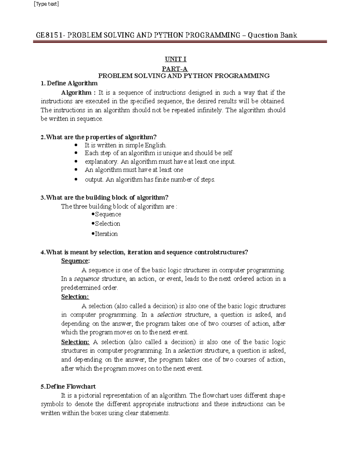 GE8151 - Problem Solving and Python Programming Question Bank - Studocu